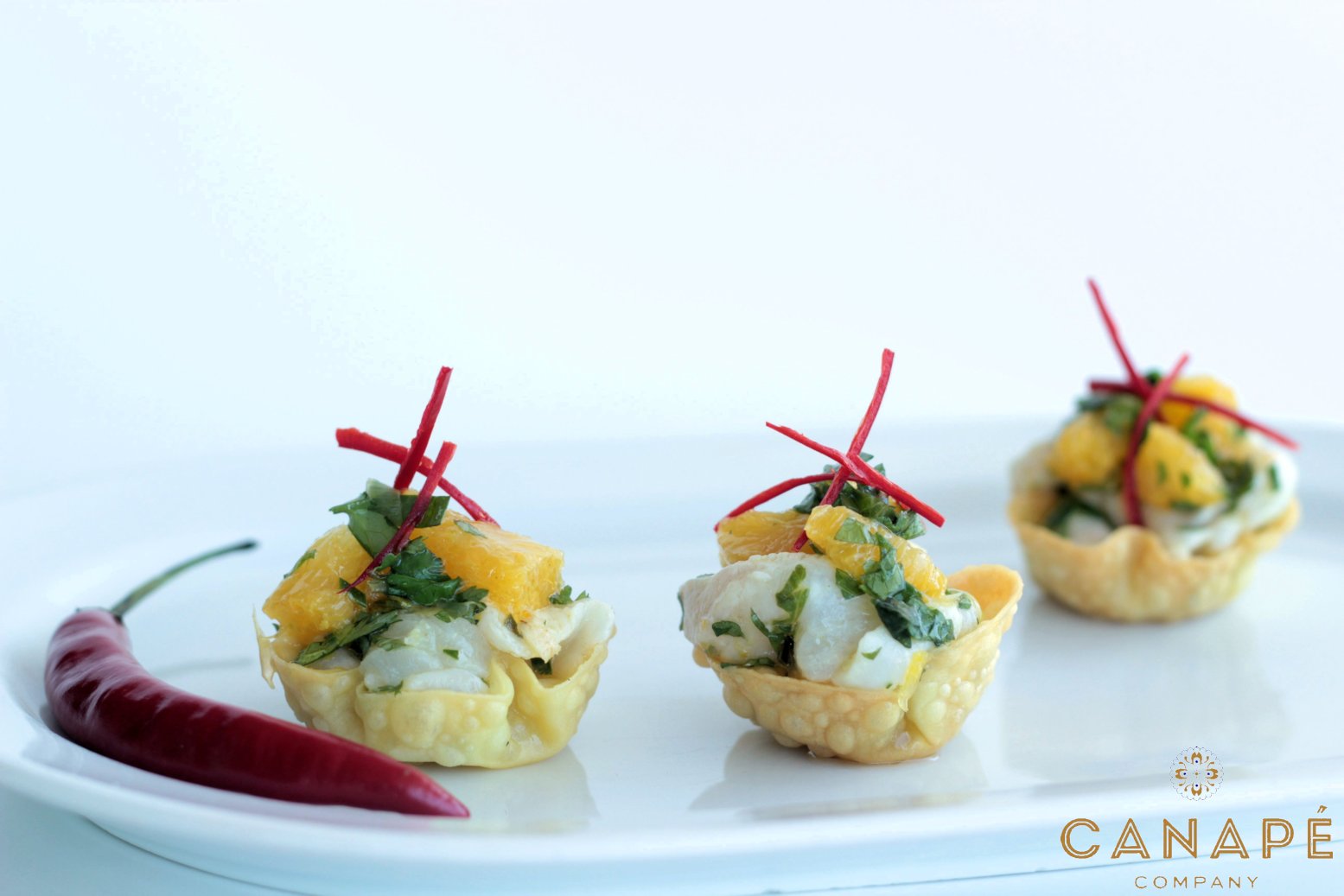 Asian style raw fish in wonton basket canapé